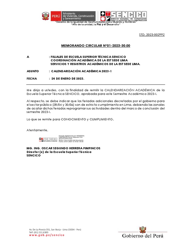 Memo Circular #01 Calendarizacion de Desarrollo de I Semestre 2023 | PDF