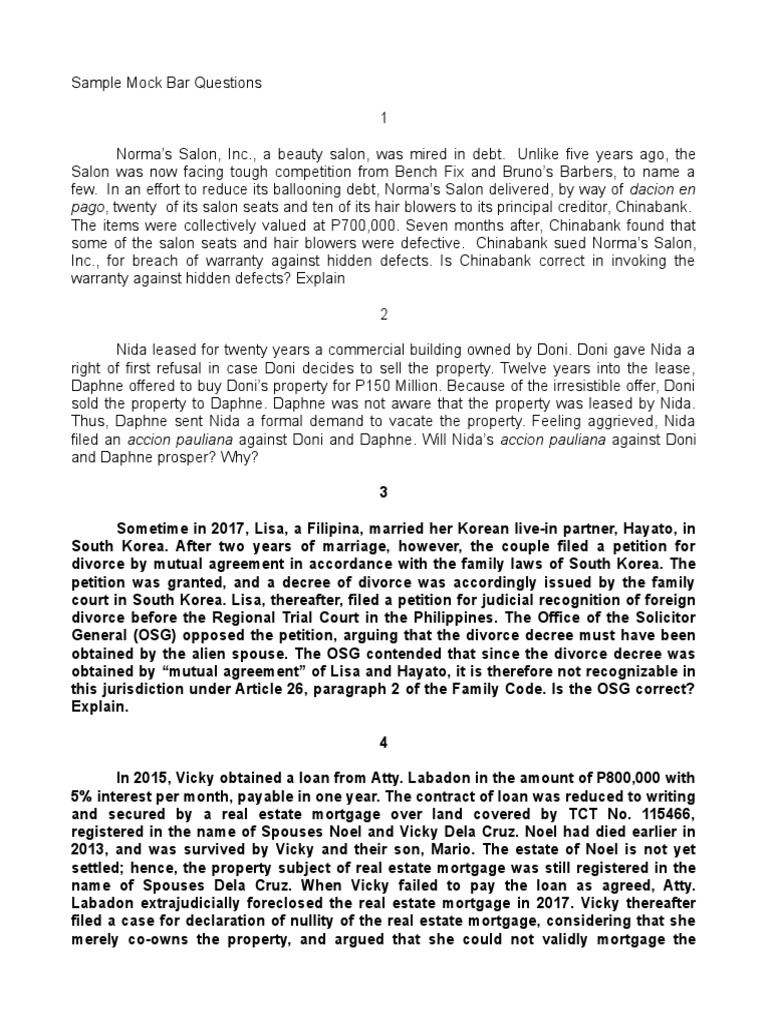 Mock Bar Exam Questions on Legal Issues | PDF | Mortgage Loan | Divorce
