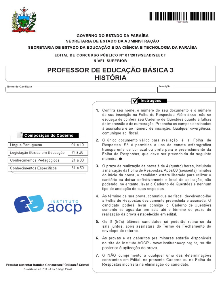 Instituto Aocp 2019 See PB Professor Historia Prova | PDF | Pedagogia | Resiliência psicológica