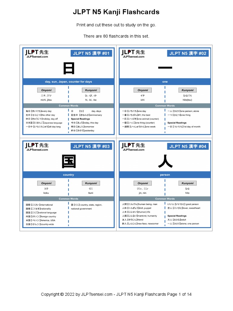 JLPT N5 Kanji List Flashcards Printable Set | PDF