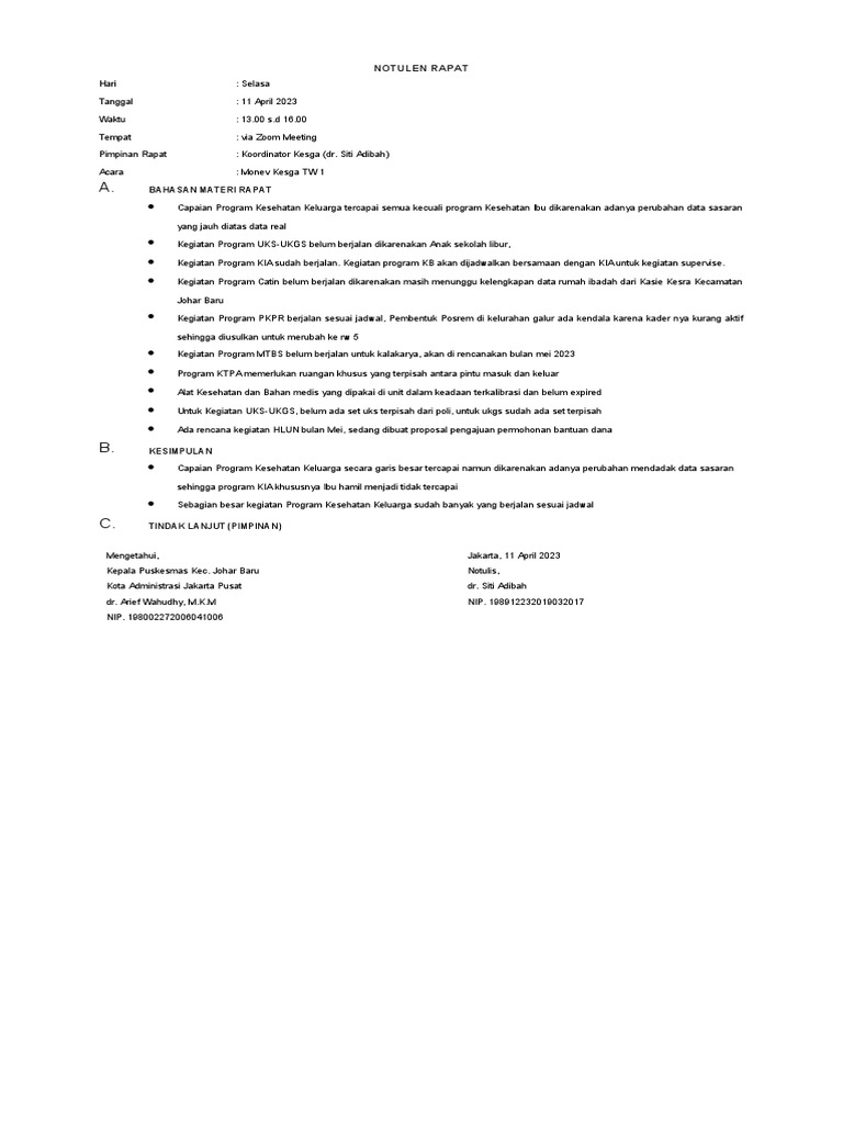 Notulen Rapat Monev Kesga TW 1 | PDF