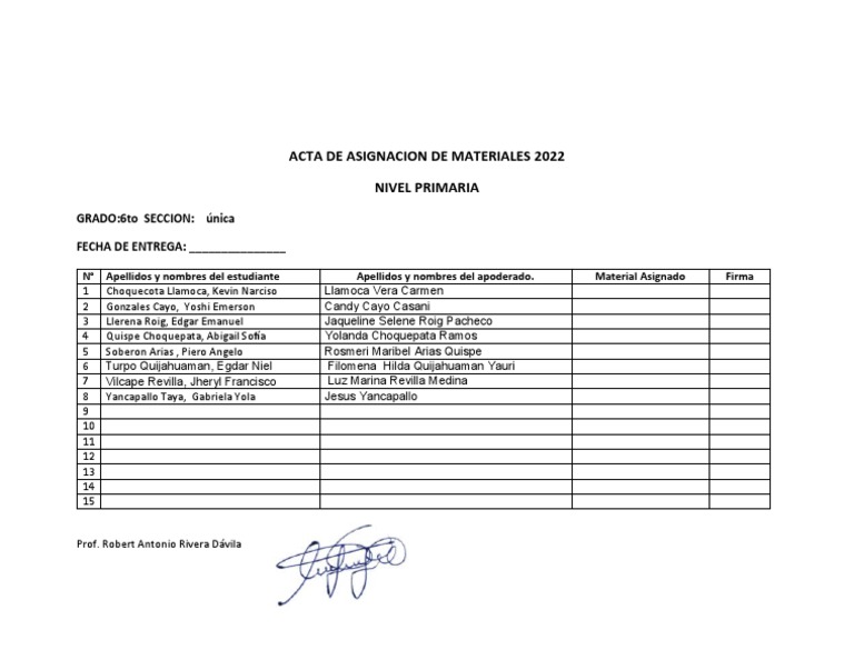 Acta de Asignacion de Materiales 2022 Nivel Primaria | PDF