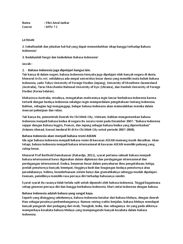 Bahasa Indonesia - Fikri Amal Jaehar - Mtu 7C | PDF