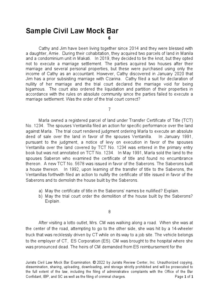 Civil Law Mock Bar Exam Scenarios | PDF | Justice | Crime & Violence