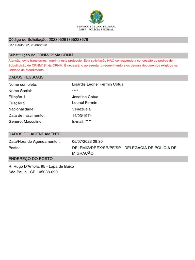 Solicitação de 2ª via de CRNM | PDF