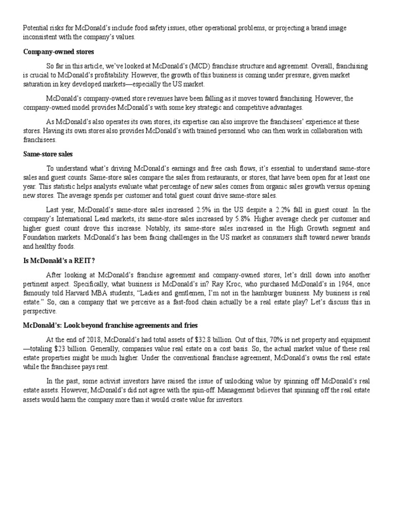 Potential Risks For McDonald | PDF | Mc Donald's | Franchising