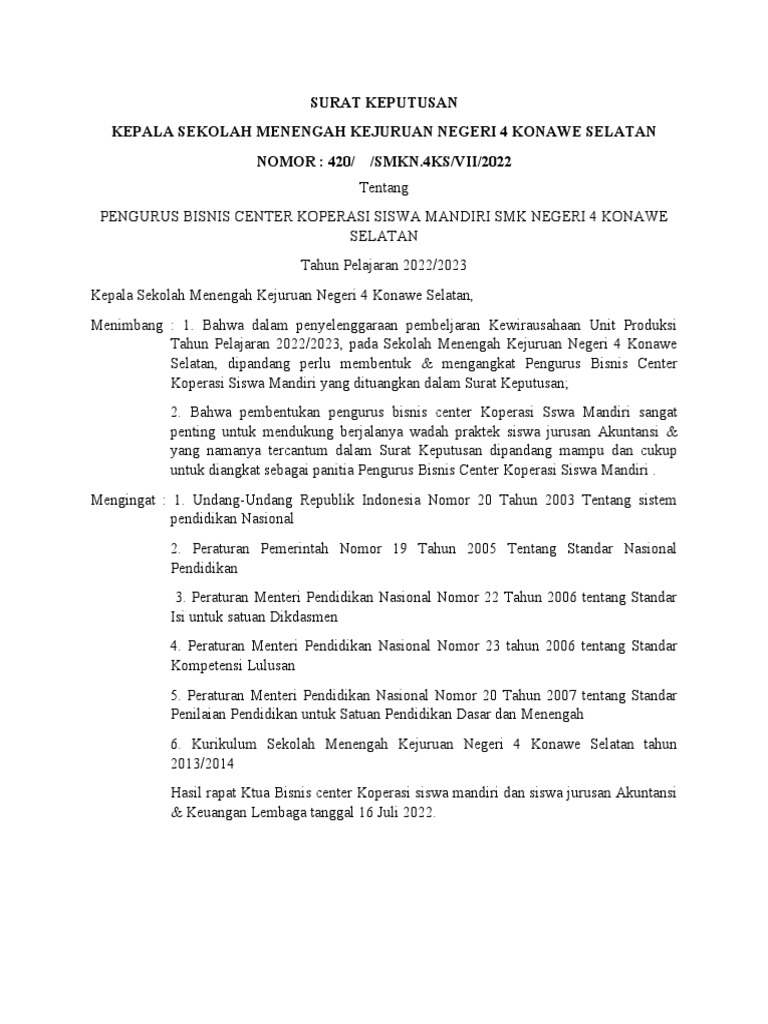 SK Pengurus Kopsis | PDF | Bisnis | Pengelolaan Keuangan & Uang