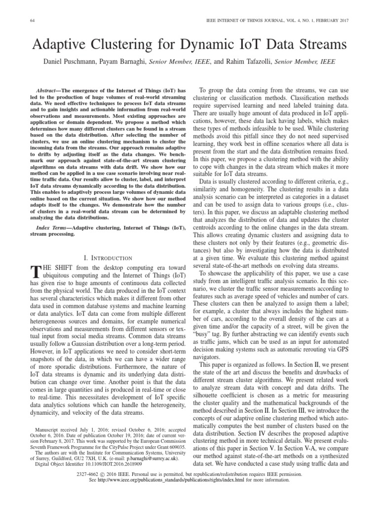 Adaptive Clustering For Dynamic Iot Data Streams Pdf Cluster Analysis Internet Of Things
