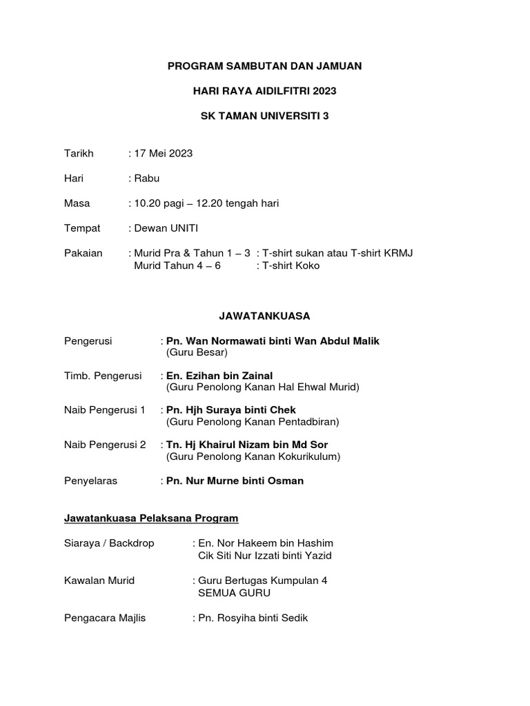 Program Sambutan Dan Jamuan Hari Raya Aidilfitri 2023 | PDF