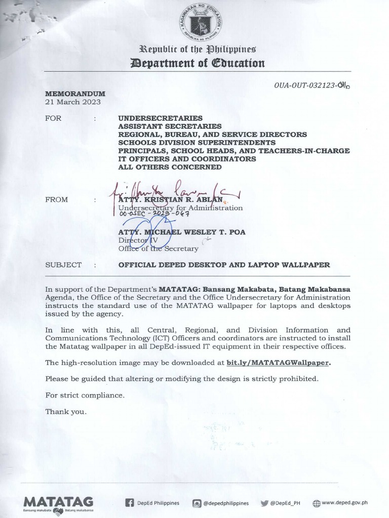 MEMORANDUM Official DepEd Desktop and Laptop Wallpaper | PDF