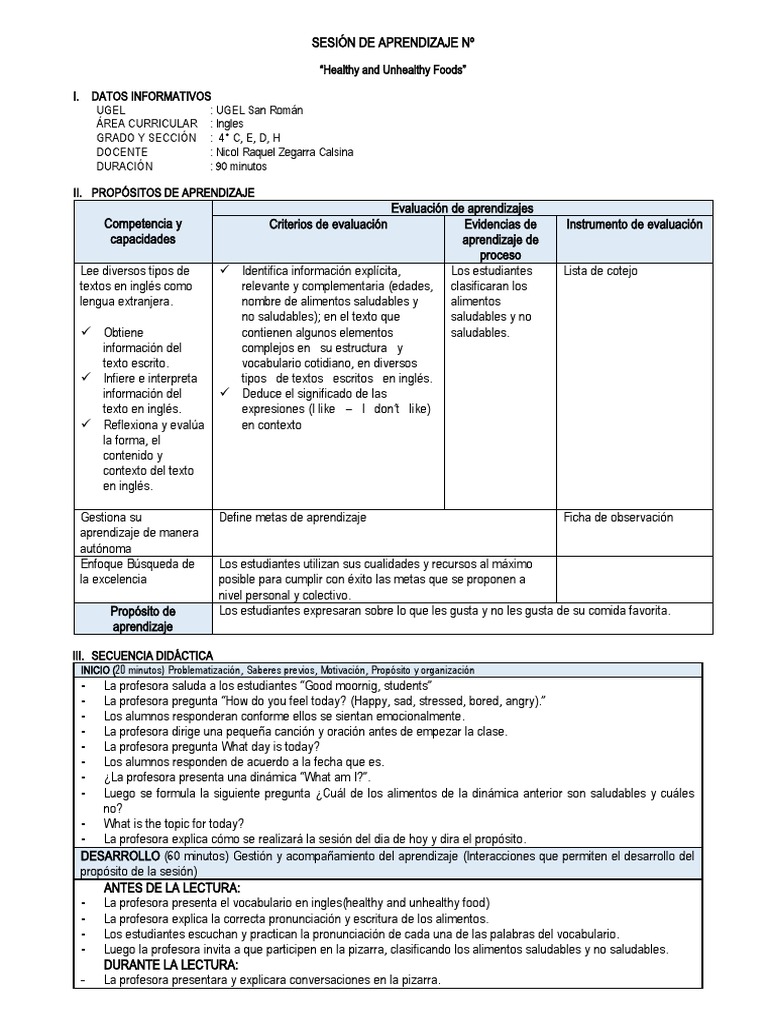 SESIÓN DE APRENDIZAJE #Unhealthy Food 4 CEDH | PDF | Evaluación | Aprendizaje