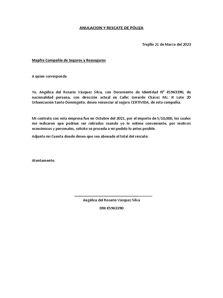 Anulacion y Rescate de Póliza | PDF