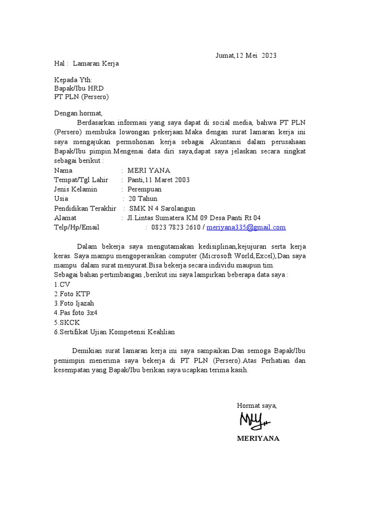 Surat Lamaran Kerja PLN | PDF