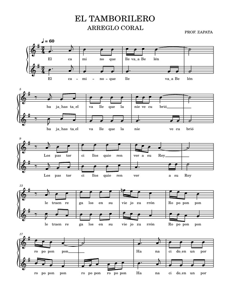 Partitura Coral de El Tamborilero | PDF
