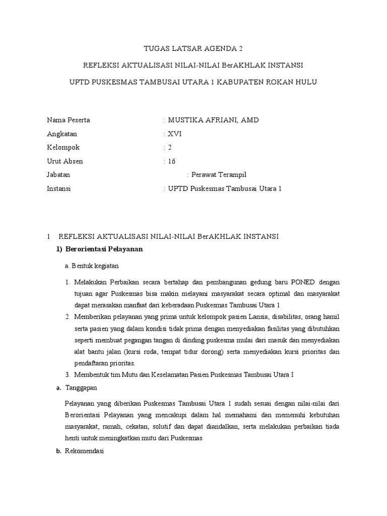 Tugas Latsar Agenda 2 Refleksi Aktualisasi Nilai-Nilai Berakhlak | PDF | Karier & Perkembangan
