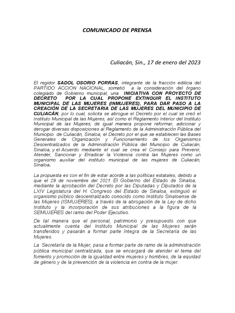 Comunicado de Prensa (Secretaria de Las Mujeres) | PDF