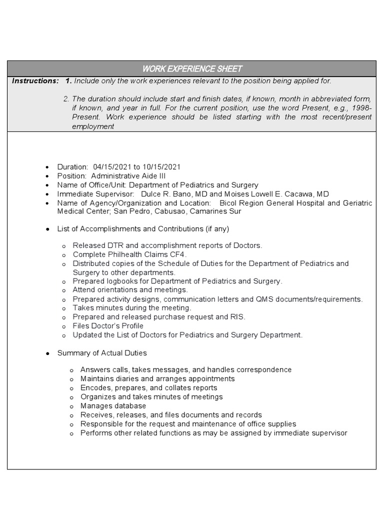 Work Experience Sheet | PDF | Computing