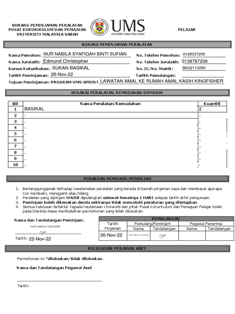 Borang Peminjaman Peralatan UMS | PDF