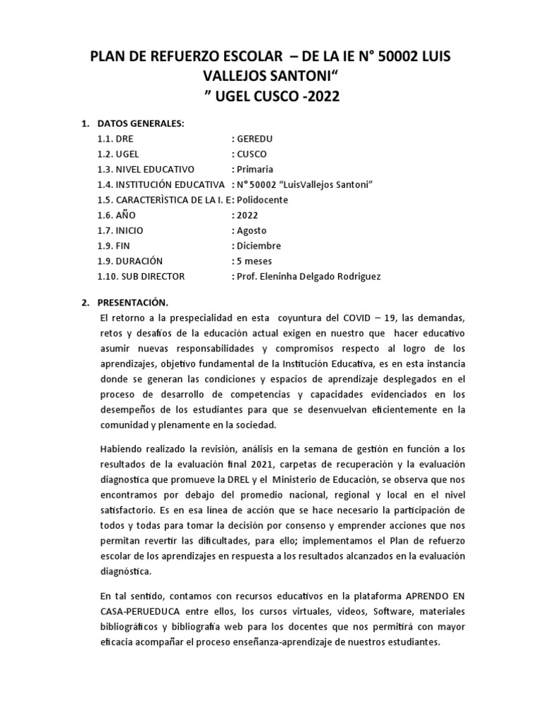 PLAN DE REFUERZO ESCOLAR 2 | PDF | Evaluación | Educación primaria