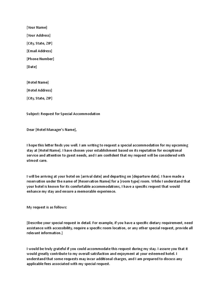 Hotel Special Request Letter Template | PDF