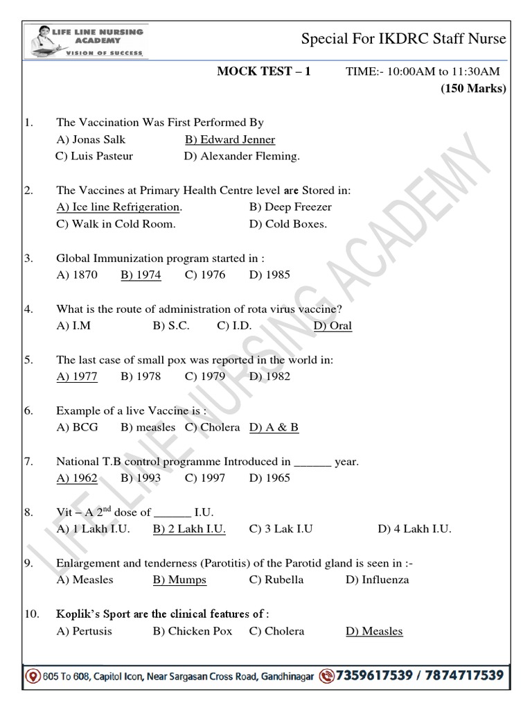Final Ans-Mock Test-1-11-6-2023 Llna | PDF | Vaccines | Medical Specialties