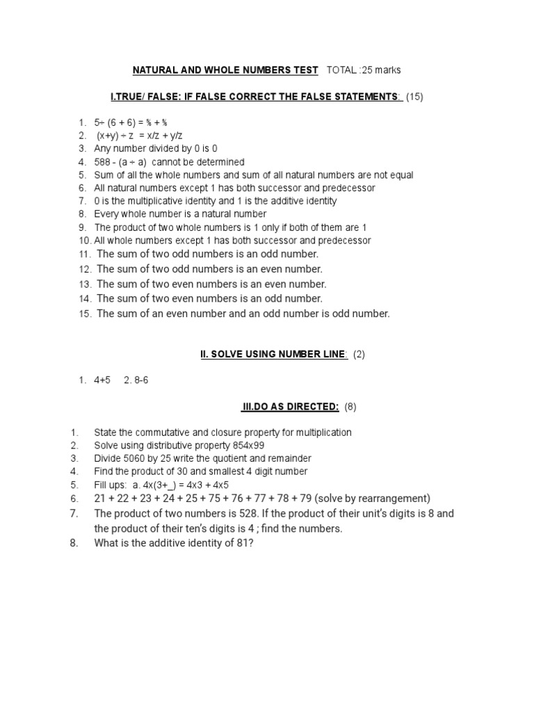 NATURAL AND WHOLE NUMBERS TEST -1 | PDF