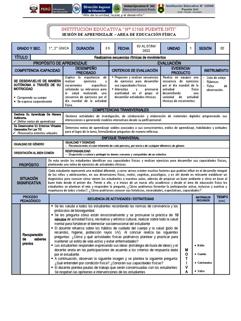 Unidad 1 - Sesión 2 - Ef 1° - Sem 2 | PDF | Aprendizaje