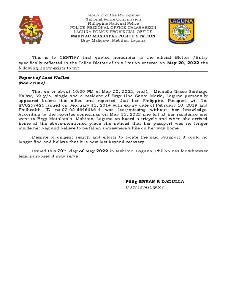 Blotter Lost Passport Michelle Grace | PDF