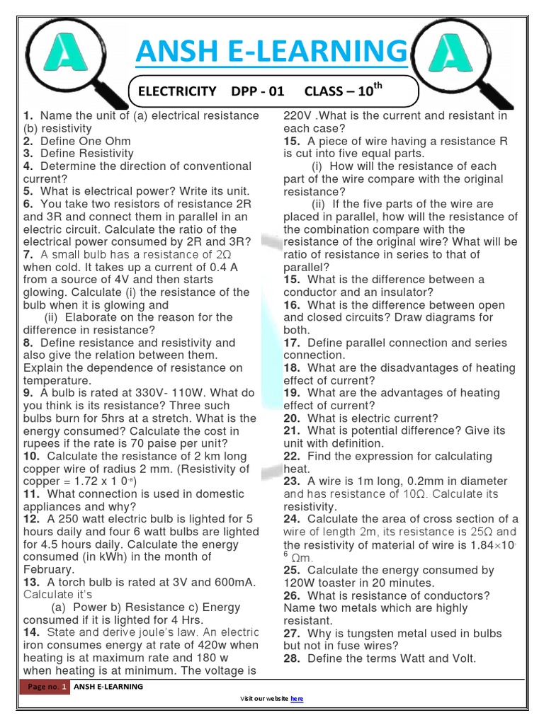 CH 12 Electricity DPP - 01 | PDF | Electrical Resistance And Conductance | Series And Parallel ...