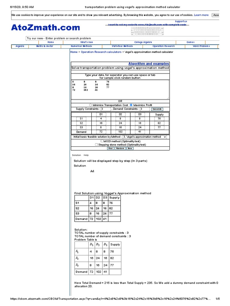 Transportation Problem Using Vogel's Approximation Method Calculator ...