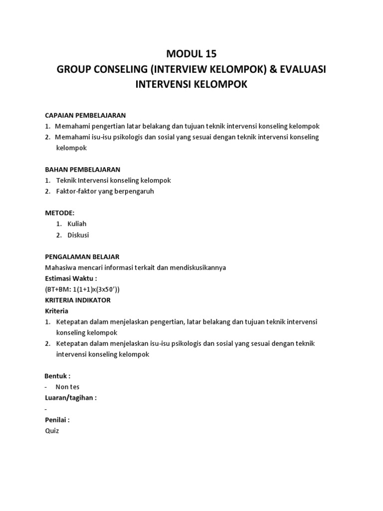 Modul 15 - Konseling Kelompok Dan Evaluasi Intervensi Kelompok-1 | PDF