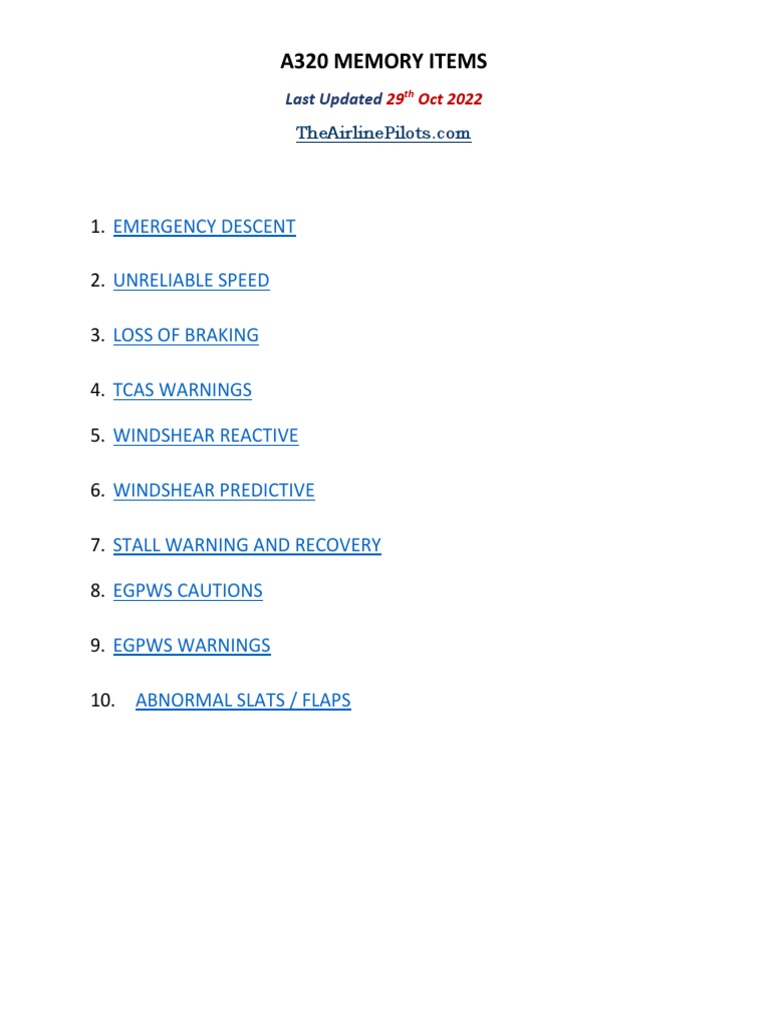 A320 Memory Items | PDF | Takeoff | Flap (Aeronautics)
