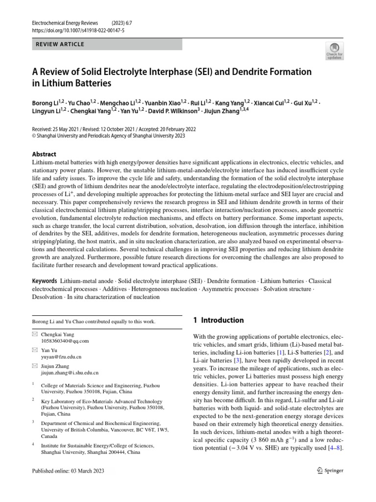 A Review of Solid Electrolyte Interphase SEI and Dendrite Formation in Lithium Batteries 2023 ...