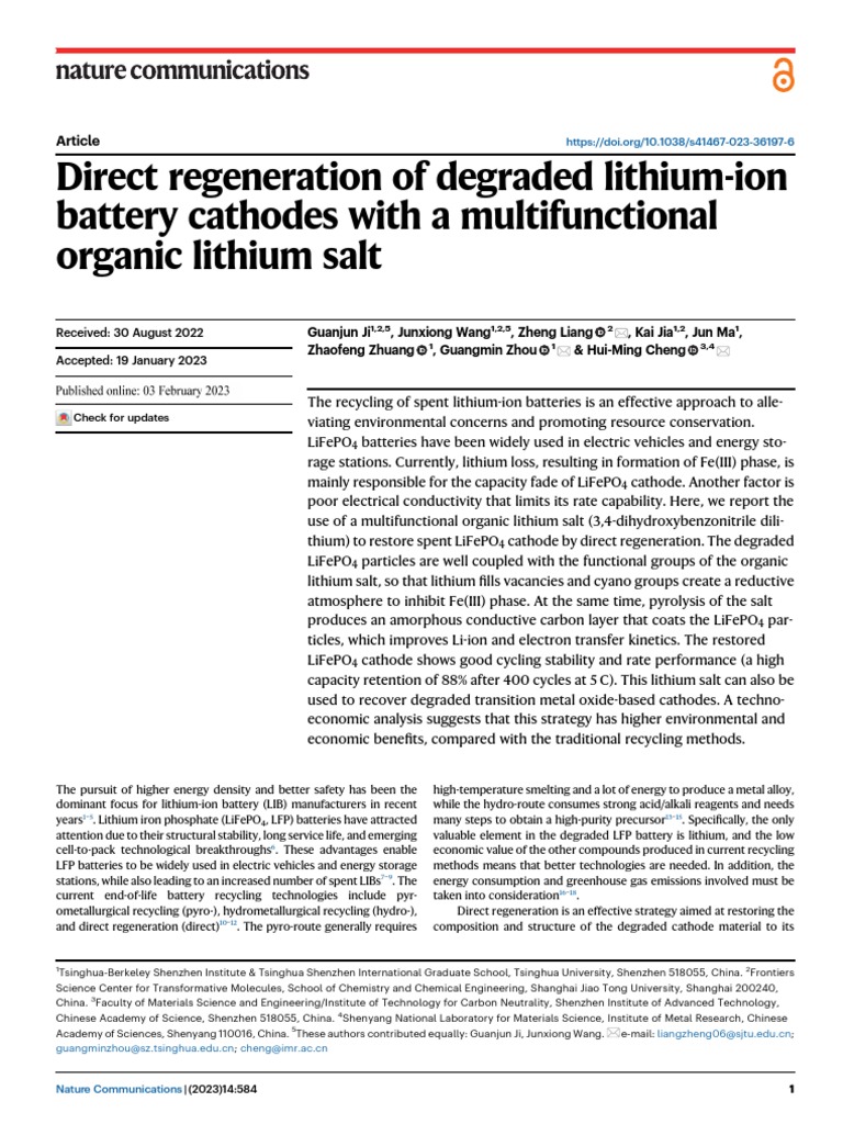 Direct Regeneration of Degraded Lithiumion Battery Cathodes With A ...