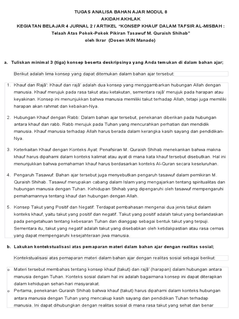 Tugas Analisa Bahan Ajar Modul 8 Akidah Akhlak KB 4 Jurnal 2 | PDF