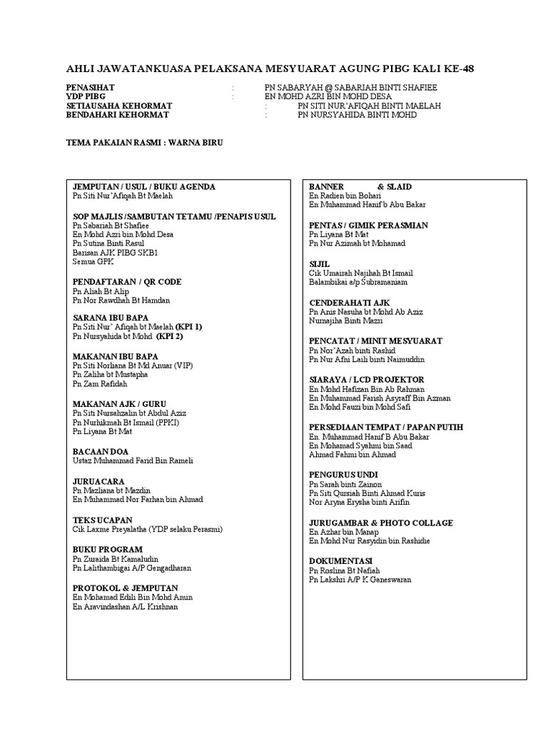 Ajk Pelaksana Mesyuarat Agung Pibg Kali Ke-48 | PDF