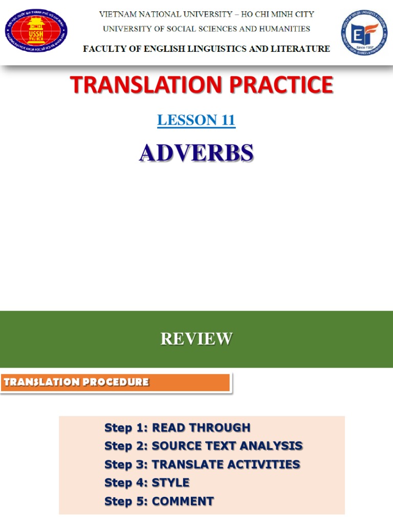 KHXHNV - Translation Practice - Lesson 11 - Adverbs | PDF | Adverb | Verb