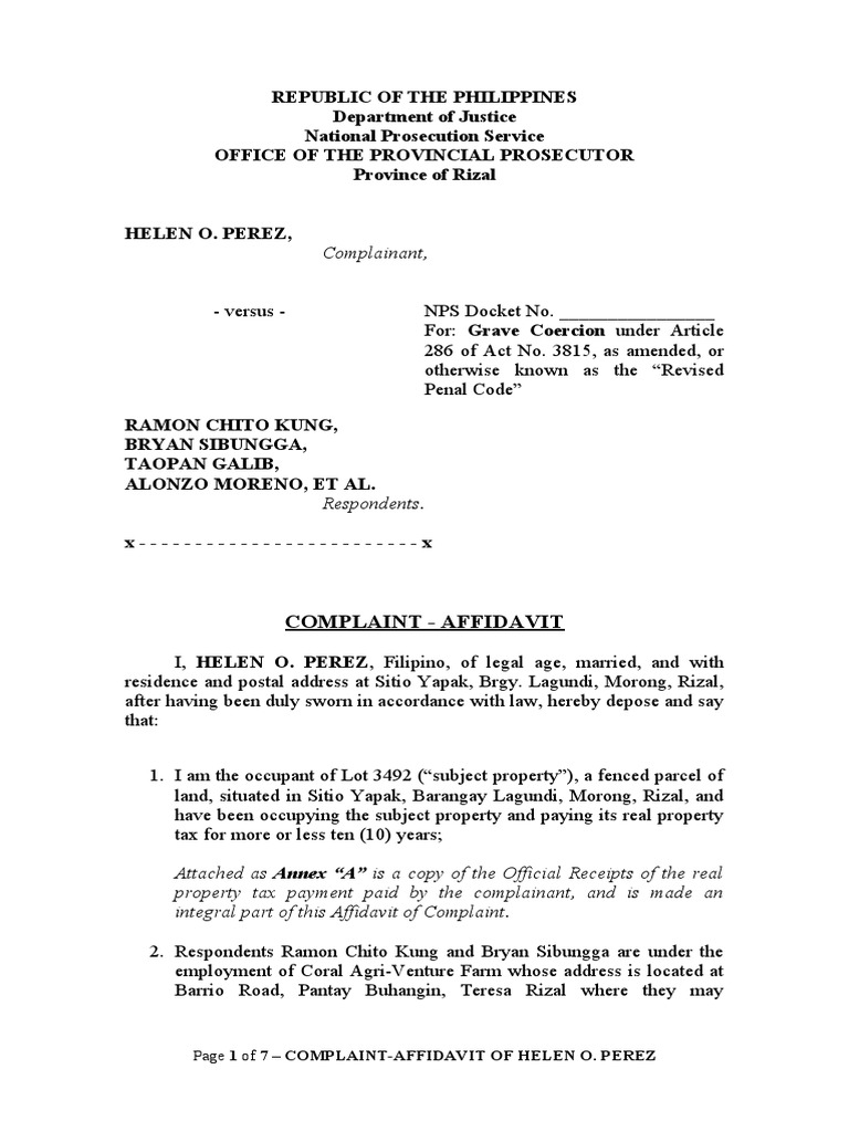 Helen Perez Complaint Affidavit Prosecutor | PDF | Criminal Law | Intimidation