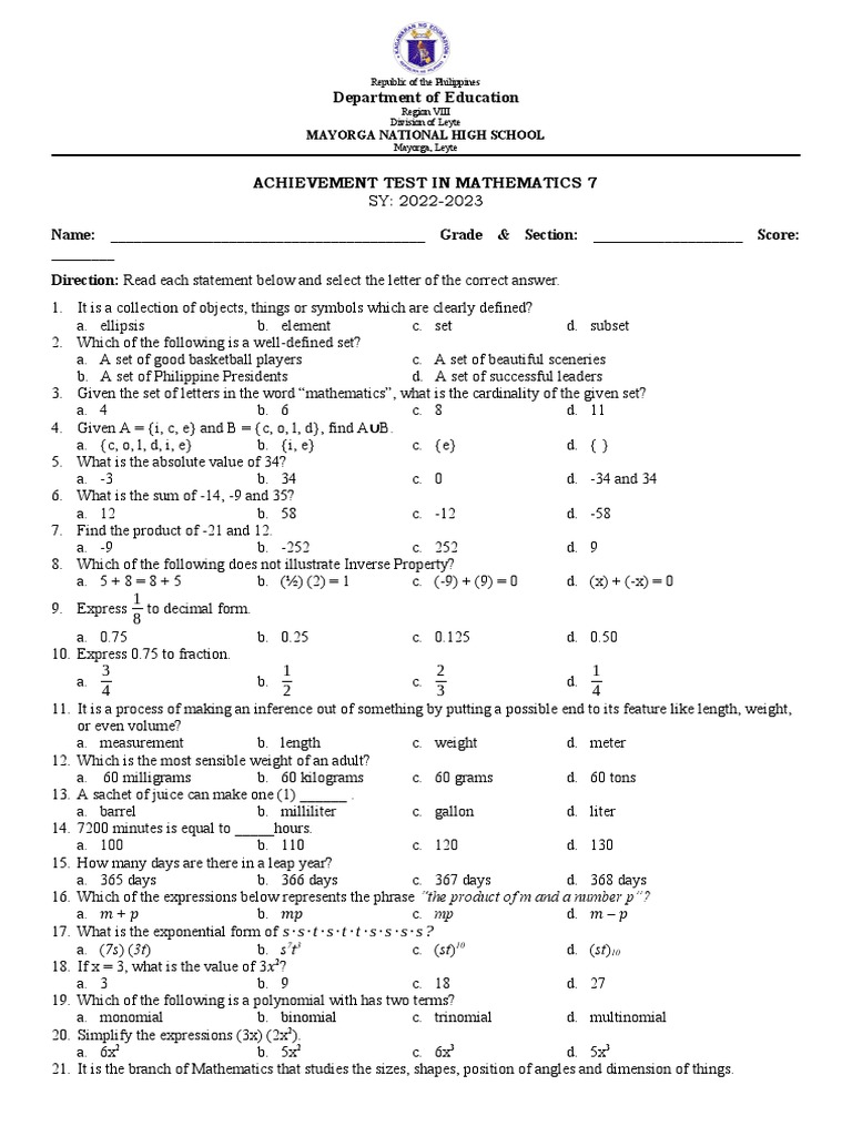 Math 7 Final Achievement Test | PDF | Sampling (Statistics) | Level Of ...