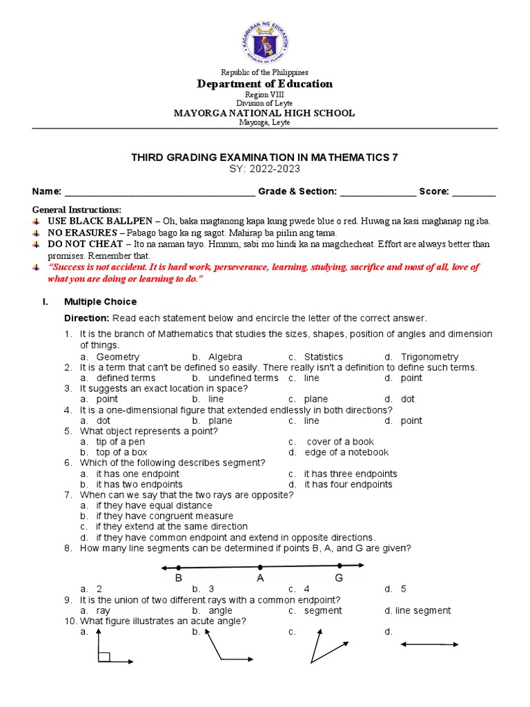 Math 7 3rd Grading Exam | PDF | Angle | Polygon