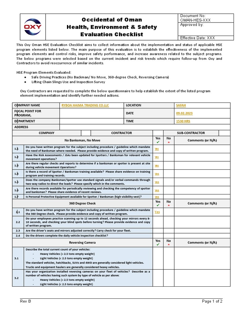 2023 Oxy HSE Program Evaluation Checklist | PDF | Specification (Technical Standard) | Truck
