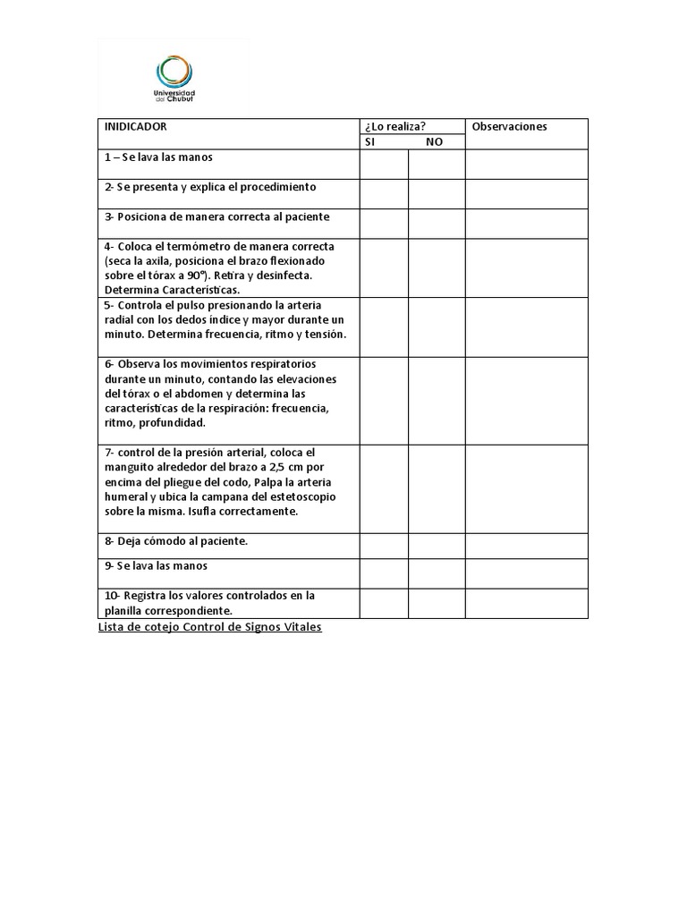 Control de Signos Vitales Lista Cotejo | PDF