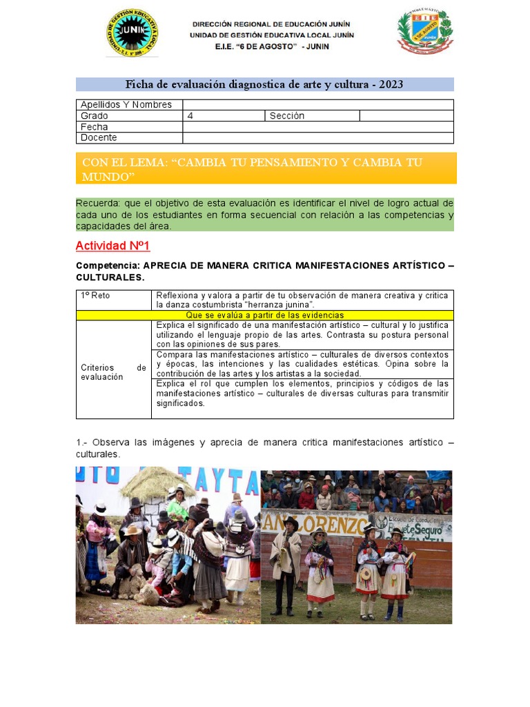 Ficha De Evaluación Diagnostica De Arte Y Cultura 4º Pdf Evaluación 8669