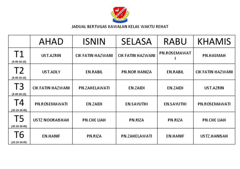 Jadual Bertugas Kawalan Kelas Waktu Rehat | PDF