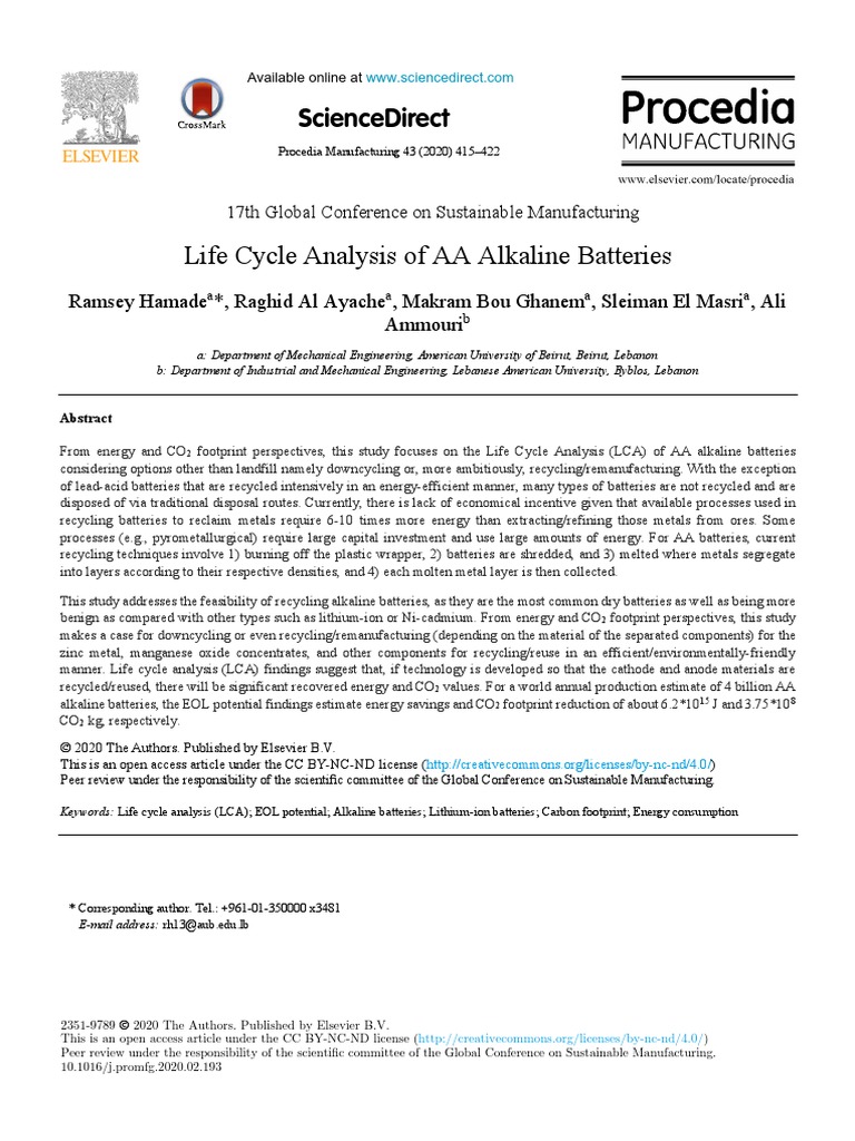 Life Cycle Analysis of AA Alkaline Batteries - 2020 - Procedia ...