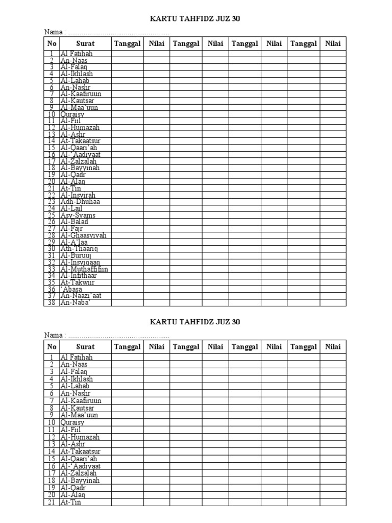 Kartu Tahfidz Juz 30 | PDF