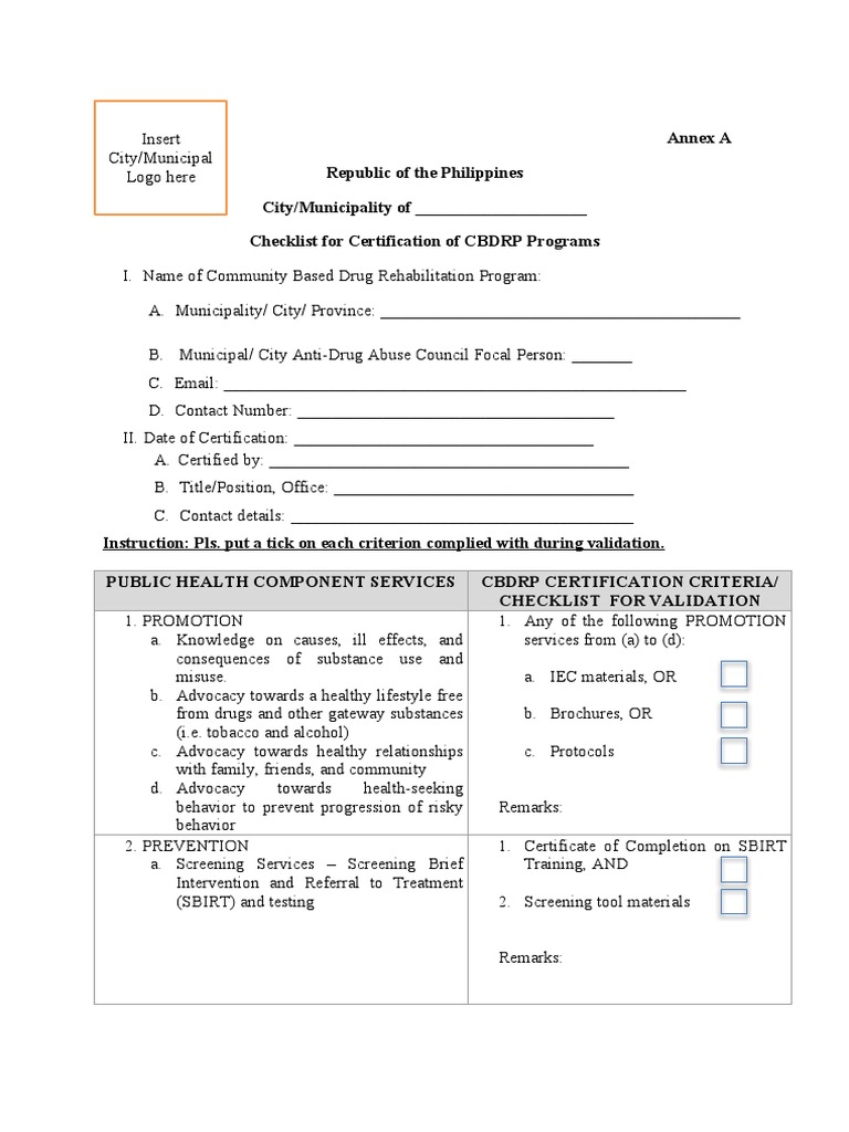 Annex A. Checklist | PDF | Substance Abuse | Addiction Psychiatry