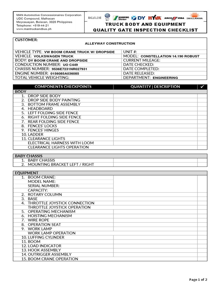 Quality Gate Inspection Checklist For Truck Body and Equipment - 01!13 ...