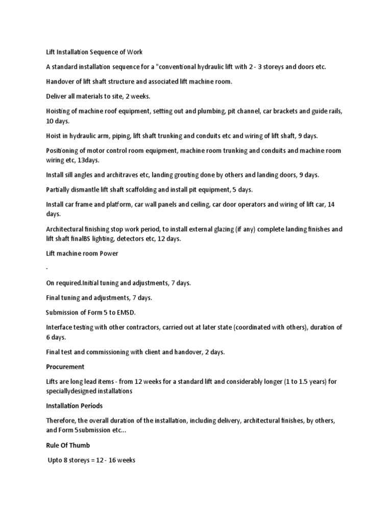 Lift Installation Sequence of Work | PDF | Technology & Engineering