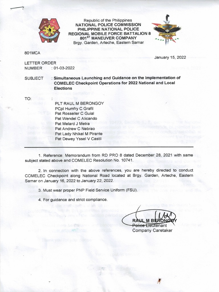 LO 01-01-2022, COMELEC Checkpoint | PDF